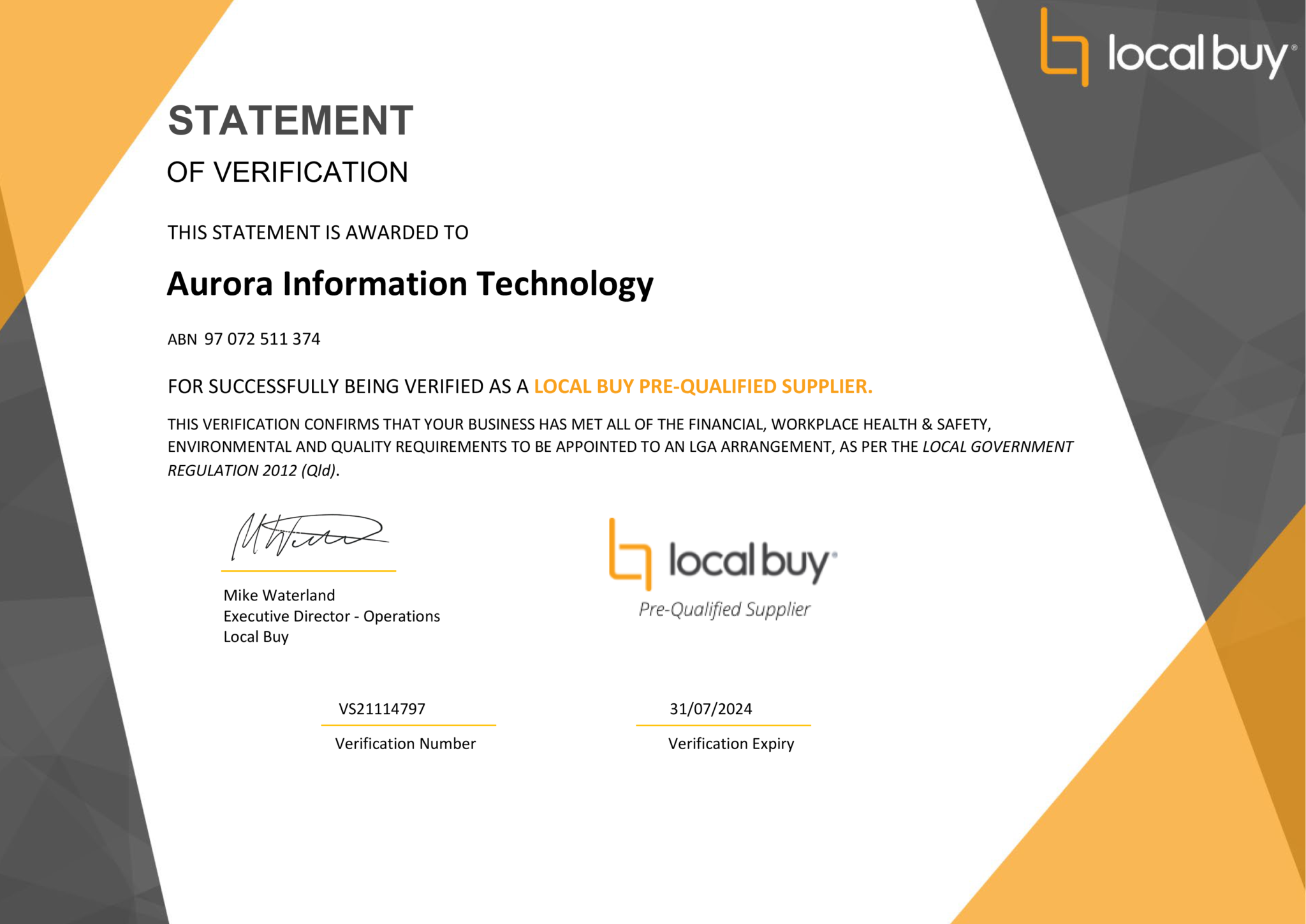 Local Buy Supplier Verification Certificate – 2023/2024 – Aurora ...
